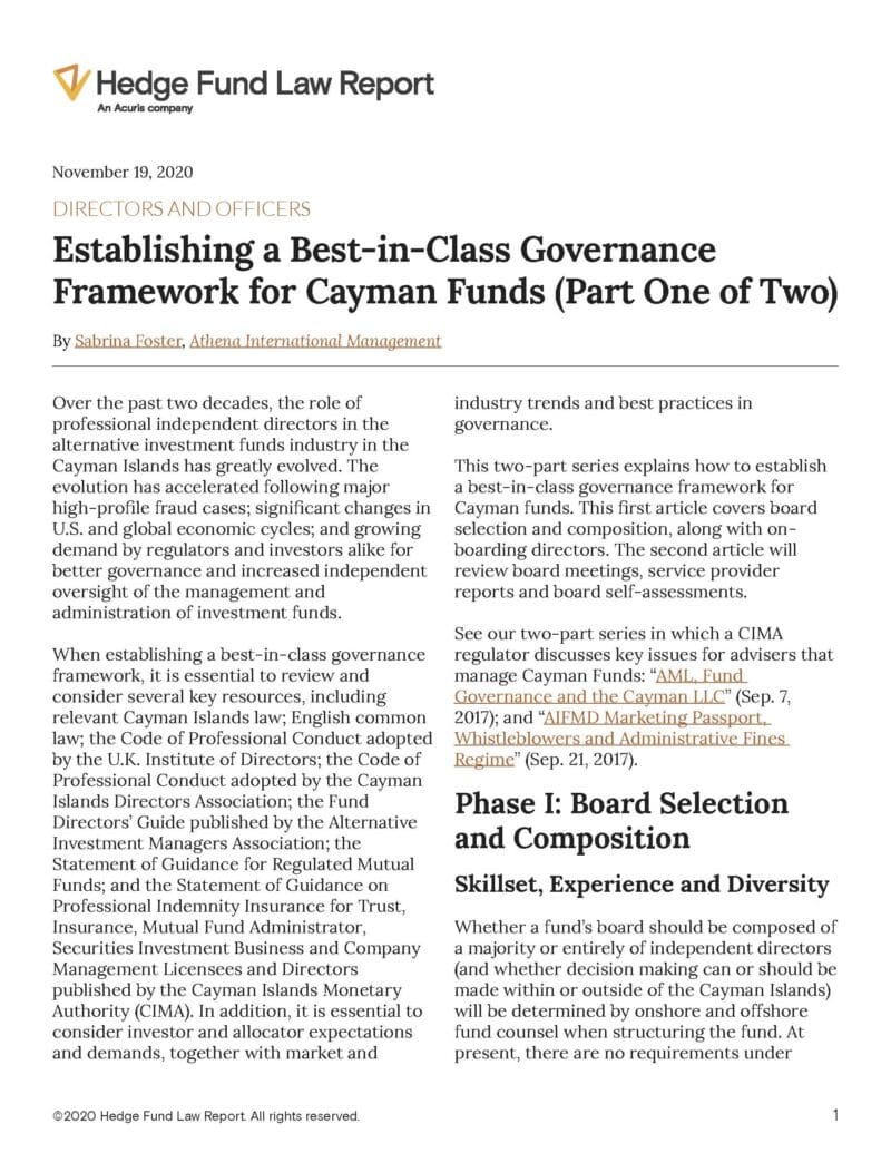 Establishing a Best-in-Class Governance Framework for Cayman Funds ...